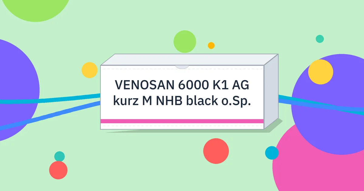 Symbolbild: Packung mit der Aufschrift VENOSAN 6000 K1 AG kurz M NHB black o.Sp. (PZN 17171734) – Verfügbarkeit und Bezug in Apotheken in Frankfurt am Main