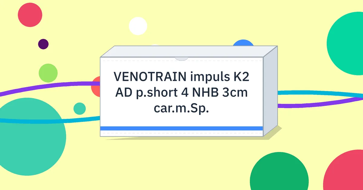 Symbolbild: Packung mit der Aufschrift VENOTRAIN impuls K2 AD p.short 4 NHB 3cm car.m.Sp. (PZN 00646541) – Verfügbarkeit und Bezug in Apotheken in Frankfurt am Main