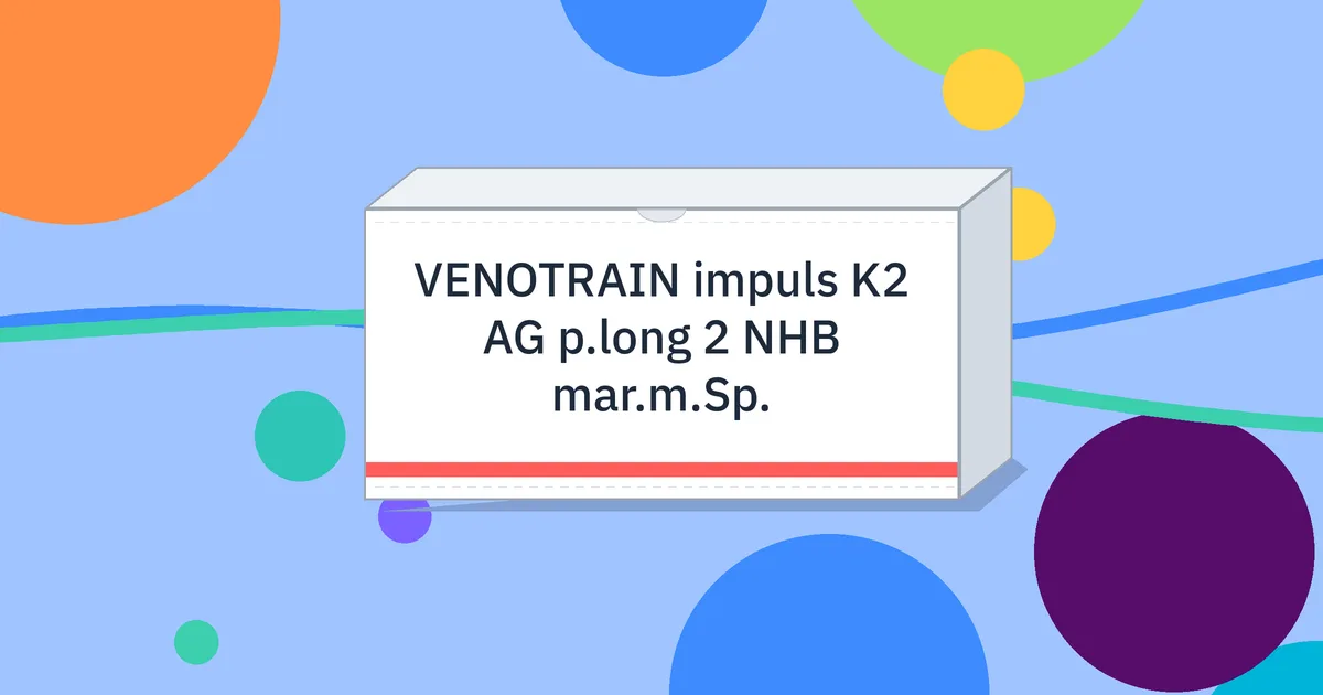 Symbolbild: Packung mit der Aufschrift VENOTRAIN impuls K2 AG p.long 2 NHB mar.m.Sp. (PZN 15214238) – Verfügbarkeit und Bezug in Apotheken in Frankfurt am Main