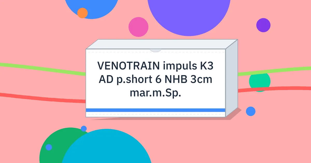 Symbolbild: Packung mit der Aufschrift VENOTRAIN impuls K3 AD p.short 6 NHB 3cm mar.m.Sp. (PZN 15224805) – Verfügbarkeit und Bezug in Apotheken in Frankfurt am Main