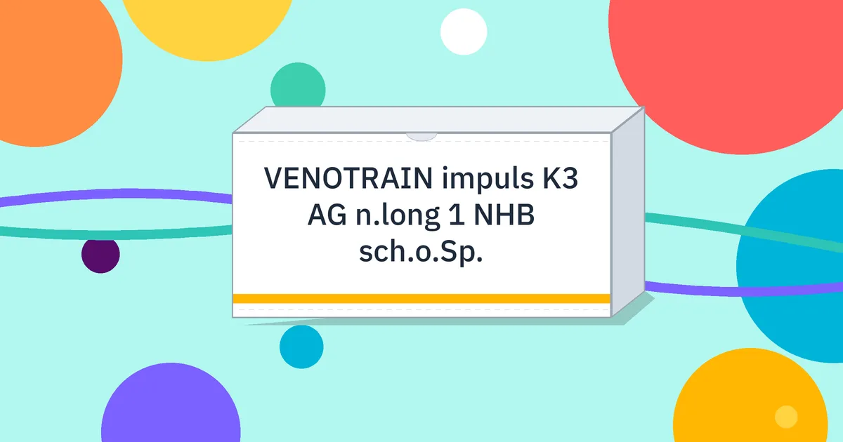 Symbolbild: Packung mit der Aufschrift VENOTRAIN impuls K3 AG n.long 1 NHB sch.o.Sp. (PZN 00538805) – Verfügbarkeit und Bezug in Apotheken in Frankfurt am Main