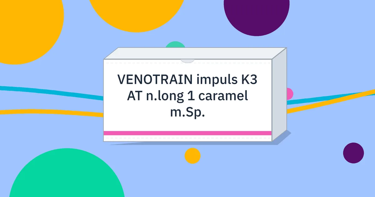 Symbolbild: Packung mit der Aufschrift VENOTRAIN impuls K3 AT n.long 1 caramel m.Sp. (PZN 19354930) – Verfügbarkeit und Bezug in Apotheken in Frankfurt am Main
