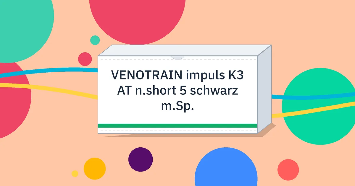 Symbolbild: Packung mit der Aufschrift VENOTRAIN impuls K3 AT n.short 5 schwarz m.Sp. (PZN 19356159) – Verfügbarkeit und Bezug in Apotheken in Frankfurt am Main