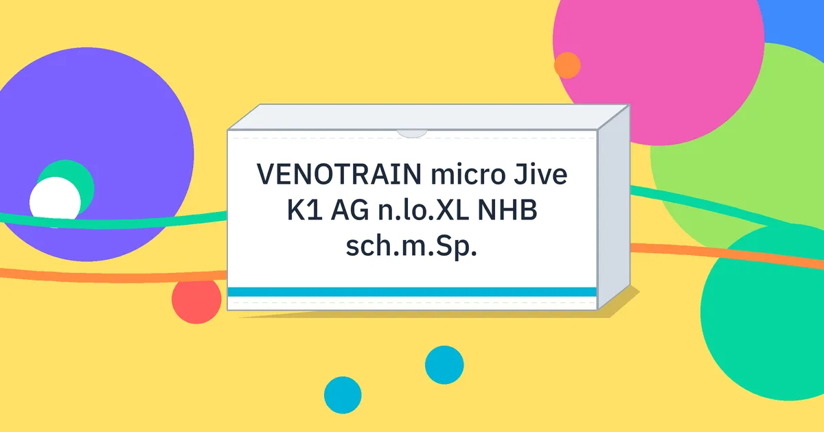 Symbolbild: Packung mit der Aufschrift VENOTRAIN micro Jive K1 AG n.lo.XL NHB sch.m.Sp. (PZN 17768113) – Verfügbarkeit und Bezug in Apotheken in Frankfurt am Main