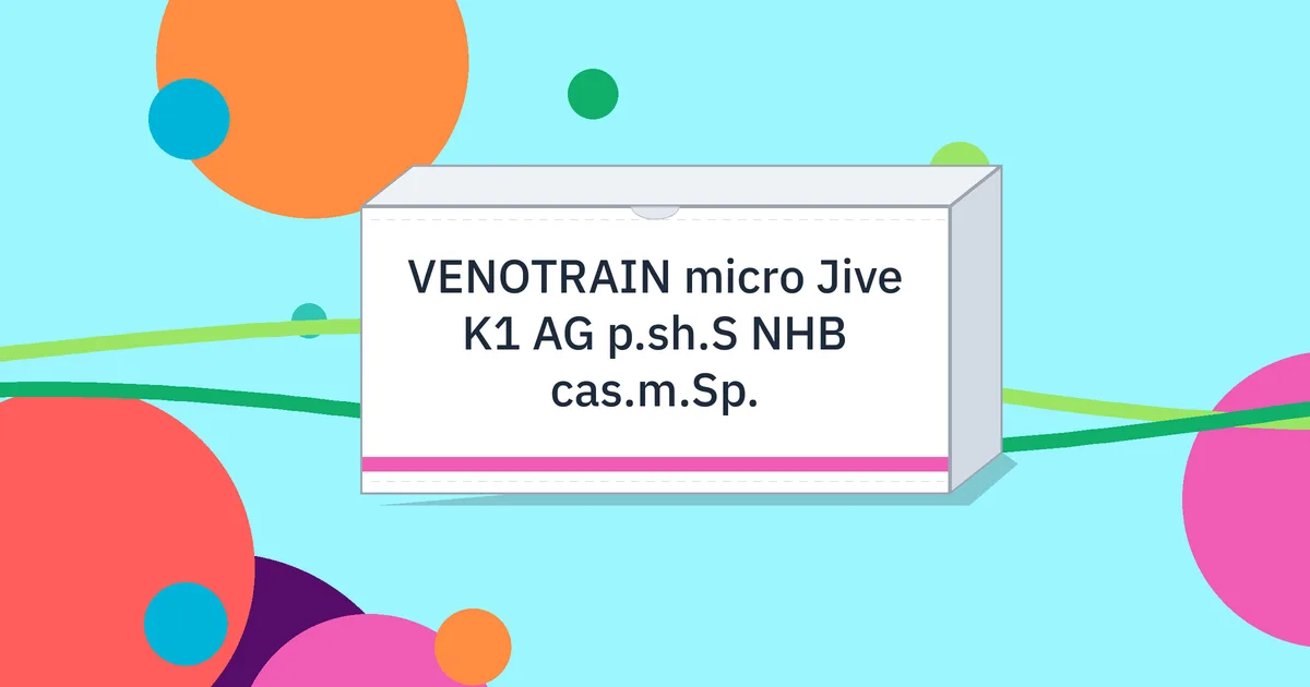 Symbolbild: Packung mit der Aufschrift VENOTRAIN micro Jive K1 AG p.sh.S NHB cas.m.Sp. (PZN 20767494) – Verfügbarkeit und Bezug in Apotheken in Frankfurt am Main