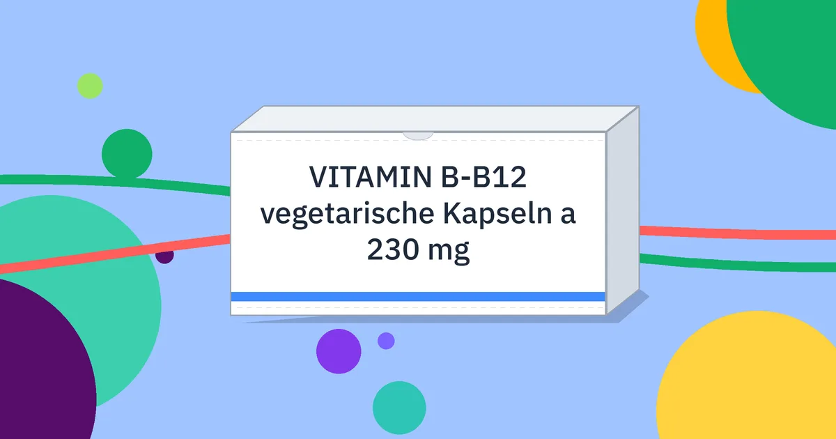 Symbolbild: Packung mit der Aufschrift VITAMIN B-B12 vegetarische Kapseln a 230 mg (PZN 13583658) – Verfügbarkeit und Bezug in Apotheken in Frankfurt am Main