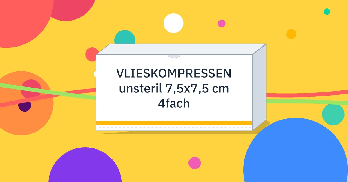 Symbolbild: Packung mit der Aufschrift VLIESKOMPRESSEN unsteril 7,5x7,5 cm 4fach (PZN 07280729) – Verfügbarkeit und Bezug in Apotheken in Frankfurt am Main