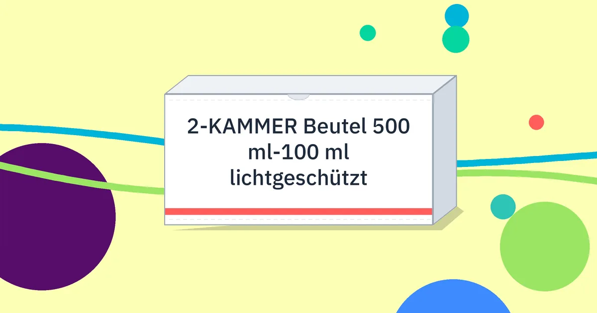 Symbolbild: Packung mit der Aufschrift 2-KAMMER Beutel 500 ml-100 ml lichtgeschützt (PZN 19986989) – Verfügbarkeit und Bezug in Apotheken in Frankfurt am Main