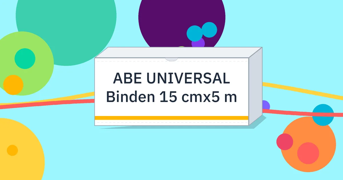 Symbolbild: Packung mit der Aufschrift ABE UNIVERSAL Binden 15 cmx5 m (PZN 00761549) – Verfügbarkeit und Bezug in Apotheken in Frankfurt am Main