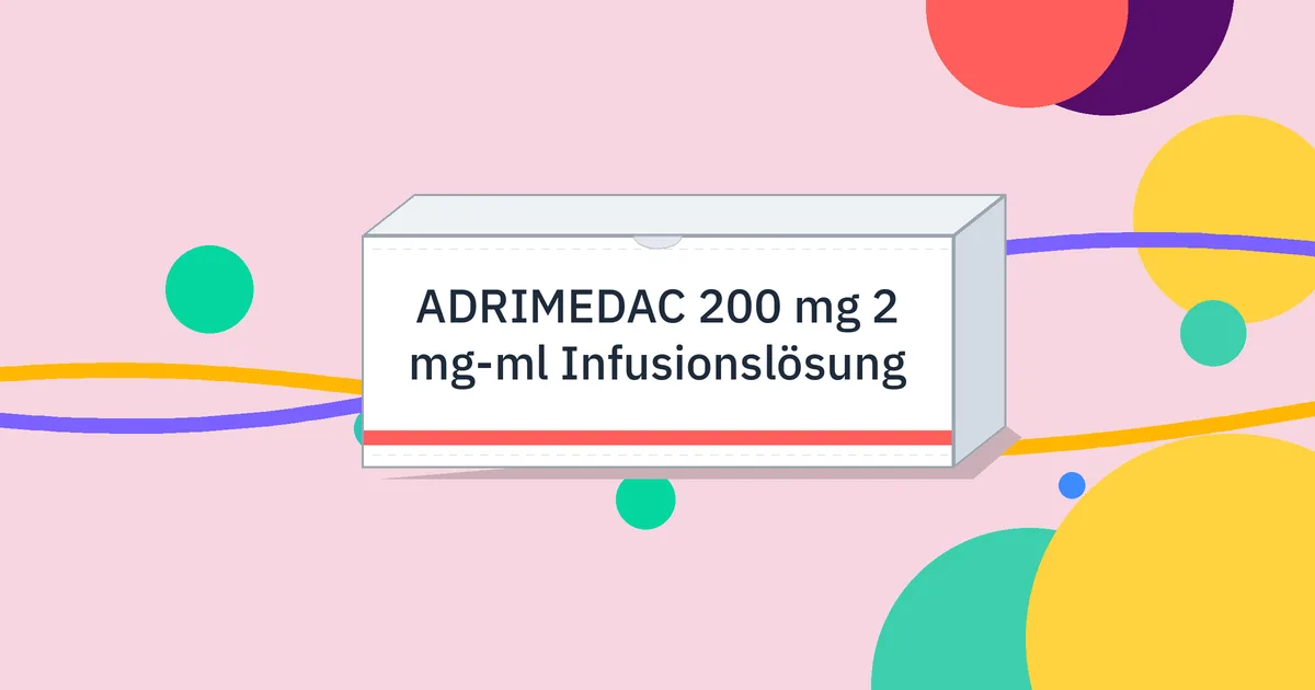 Symbolbild: Packung mit der Aufschrift ADRIMEDAC 200 mg 2 mg-ml Infusionslösung (PZN 07698274) – Verfügbarkeit und Bezug in Apotheken in Frankfurt am Main