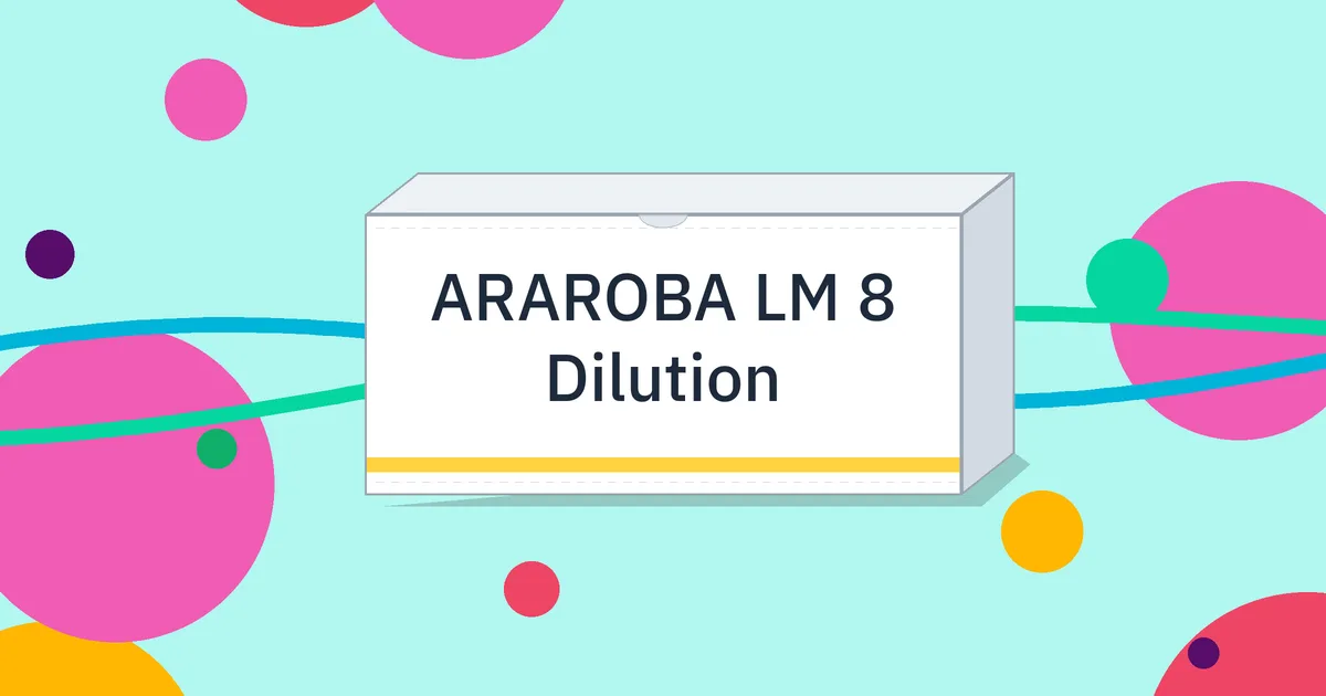 Symbolbild: Packung mit der Aufschrift ARAROBA LM 8 Dilution (PZN 13385533) – Verfügbarkeit und Bezug in Apotheken in Frankfurt am Main