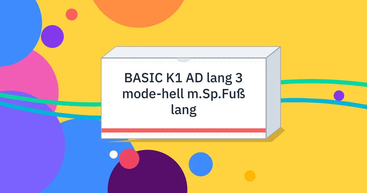 Symbolbild: Packung mit der Aufschrift BASIC K1 AD lang 3 mode-hell m.Sp.Fuß lang (PZN 20257882) – Verfügbarkeit und Bezug in Apotheken in Frankfurt am Main