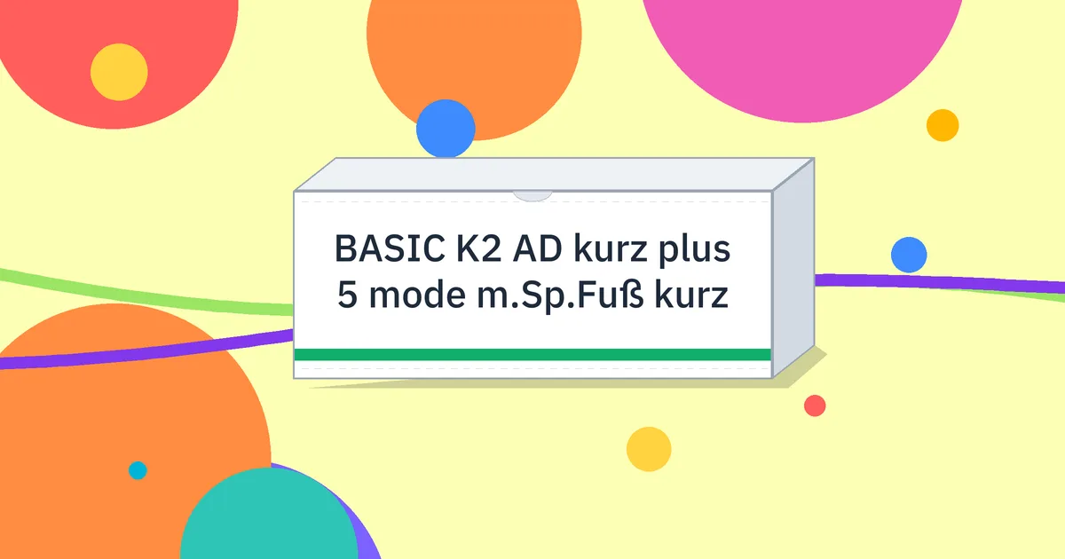 Symbolbild: Packung mit der Aufschrift BASIC K2 AD kurz plus 5 mode m.Sp.Fuß kurz (PZN 20265568) – Verfügbarkeit und Bezug in Apotheken in Frankfurt am Main
