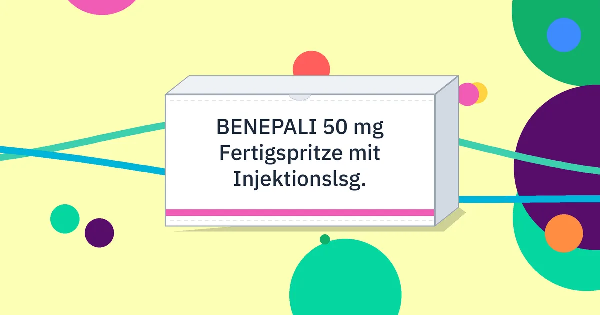 Symbolbild: Packung mit der Aufschrift BENEPALI 50 mg Fertigspritze mit Injektionslsg. (PZN 12350610) – Verfügbarkeit und Bezug in Apotheken in Frankfurt am Main