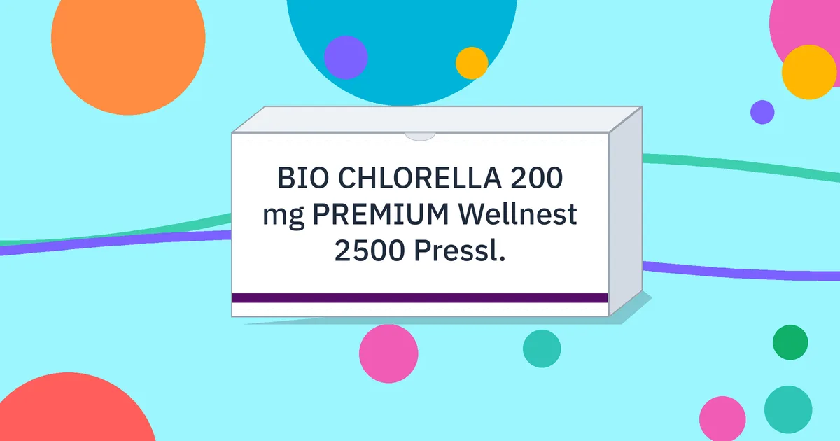 Symbolbild: Packung mit der Aufschrift BIO CHLORELLA 200 mg PREMIUM Wellnest 2500 Pressl. (PZN 08458750) – Verfügbarkeit und Bezug in Apotheken in Frankfurt am Main