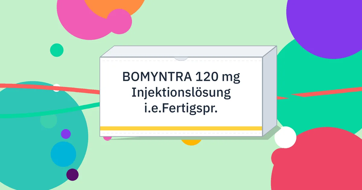 Symbolbild: Packung mit der Aufschrift BOMYNTRA 120 mg Injektionslösung i.e.Fertigspr. (PZN 20081271) – Verfügbarkeit und Bezug in Apotheken in Frankfurt am Main