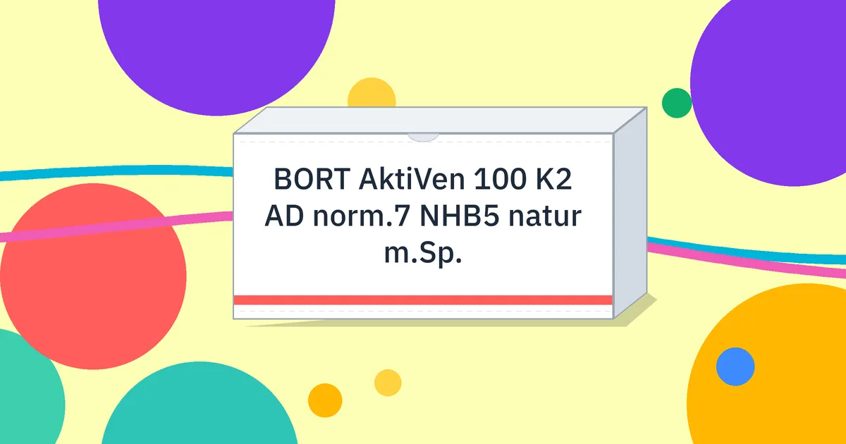 Symbolbild: Packung mit der Aufschrift BORT AktiVen 100 K2 AD norm.7 NHB5 natur m.Sp. (PZN 17494012) – Verfügbarkeit und Bezug in Apotheken in Frankfurt am Main