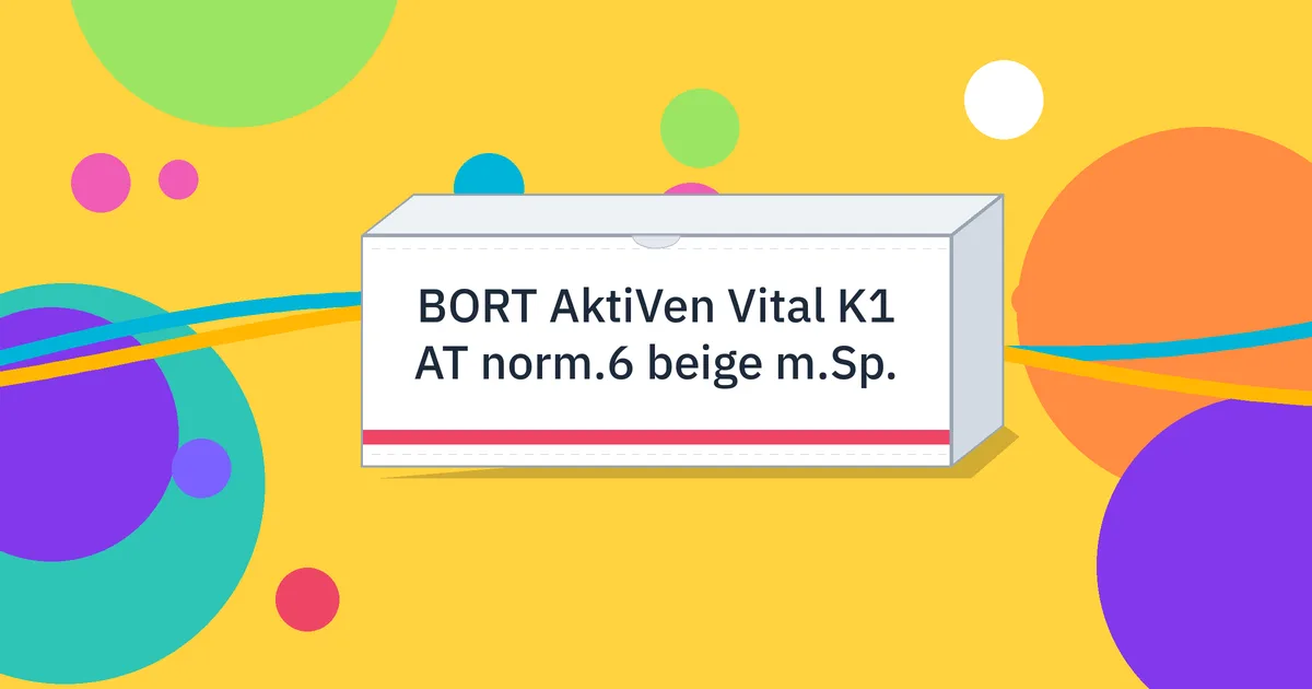 Symbolbild: Packung mit der Aufschrift BORT AktiVen Vital K1 AT norm.6 beige m.Sp. (PZN 13738492) – Verfügbarkeit und Bezug in Apotheken in Frankfurt am Main