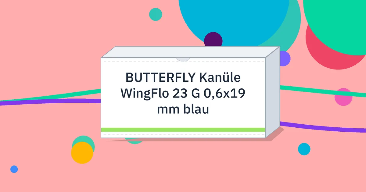 Symbolbild: Packung mit der Aufschrift BUTTERFLY Kanüle WingFlo 23 G 0,6x19 mm blau (PZN 18054982) – Verfügbarkeit und Bezug in Apotheken in Frankfurt am Main
