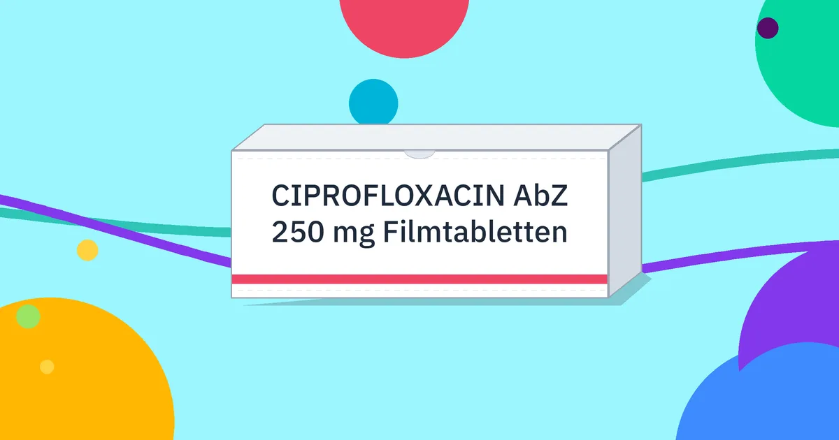 Symbolbild: Packung mit der Aufschrift CIPROFLOXACIN AbZ 250 mg Filmtabletten (PZN 06907698) – Verfügbarkeit und Bezug in Apotheken in Frankfurt am Main
