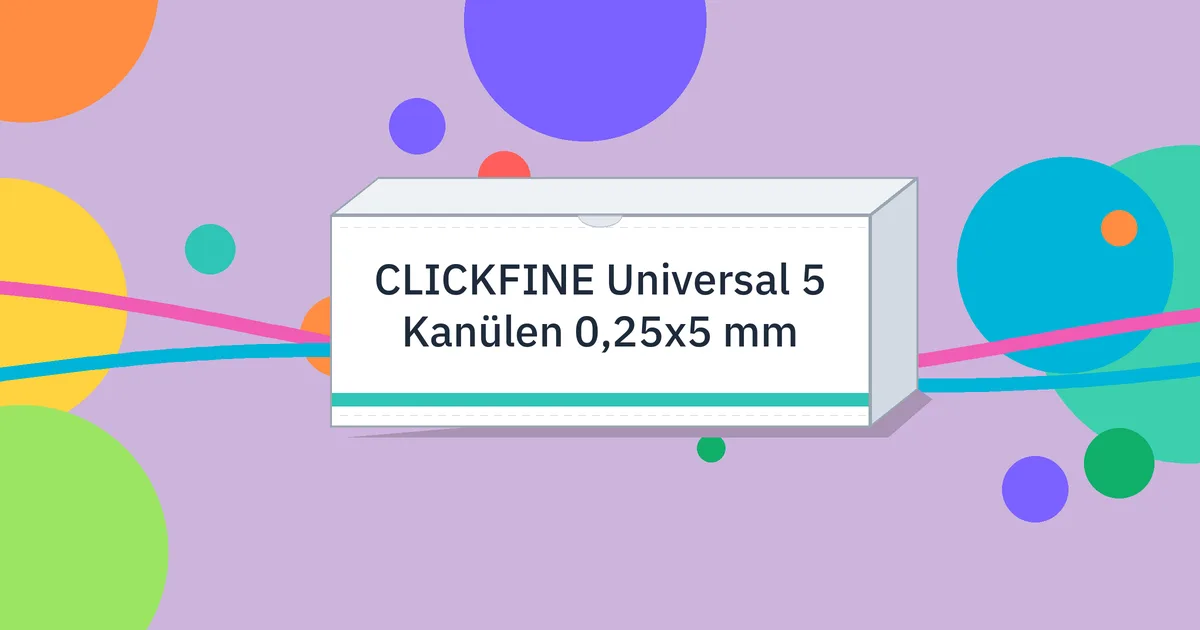 Symbolbild: Packung mit der Aufschrift CLICKFINE Universal 5 Kanülen 0,25x5 mm (PZN 16360367) – Verfügbarkeit und Bezug in Apotheken in Frankfurt am Main