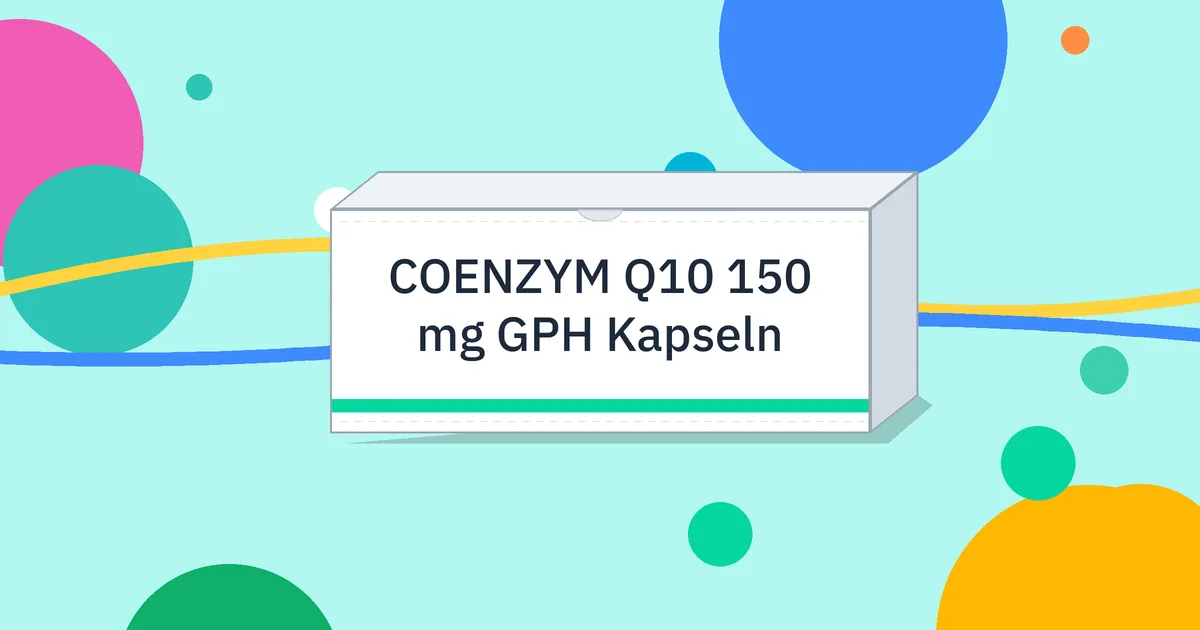 Symbolbild: Packung mit der Aufschrift COENZYM Q10 150 mg GPH Kapseln (PZN 06832859) – Verfügbarkeit und Bezug in Apotheken in Frankfurt am Main