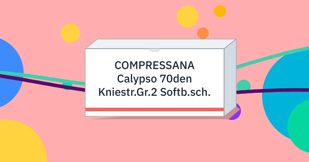 Symbolbild: Packung mit der Aufschrift COMPRESSANA Calypso 70den Kniestr.Gr.2 Softb.sch. (PZN 07719645) – Verfügbarkeit und Bezug in Apotheken in Frankfurt am Main
