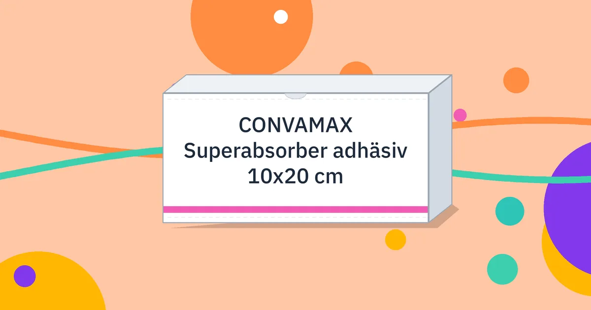 Symbolbild: Packung mit der Aufschrift CONVAMAX Superabsorber adhäsiv 10x20 cm (PZN 20118028) – Verfügbarkeit und Bezug in Apotheken in Frankfurt am Main