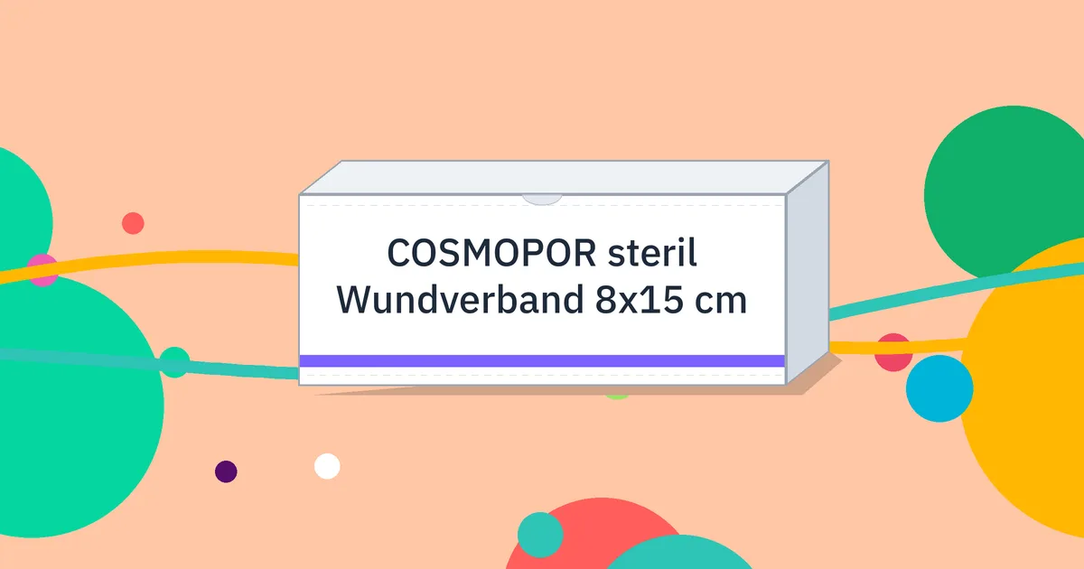 Symbolbild: Packung mit der Aufschrift COSMOPOR steril Wundverband 8x15 cm (PZN 19665883) – Verfügbarkeit und Bezug in Apotheken in Frankfurt am Main