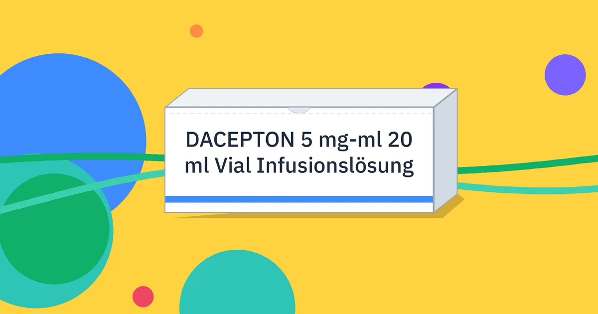 Symbolbild: Packung mit der Aufschrift DACEPTON 5 mg-ml 20 ml Vial Infusionslösung (PZN 11648164) – Verfügbarkeit und Bezug in Apotheken in Frankfurt am Main
