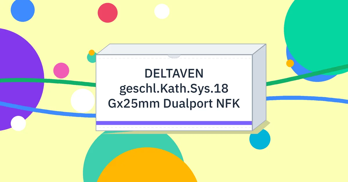 Symbolbild: Packung mit der Aufschrift DELTAVEN geschl.Kath.Sys.18 Gx25mm Dualport NFK (PZN 13977239) – Verfügbarkeit und Bezug in Apotheken in Frankfurt am Main