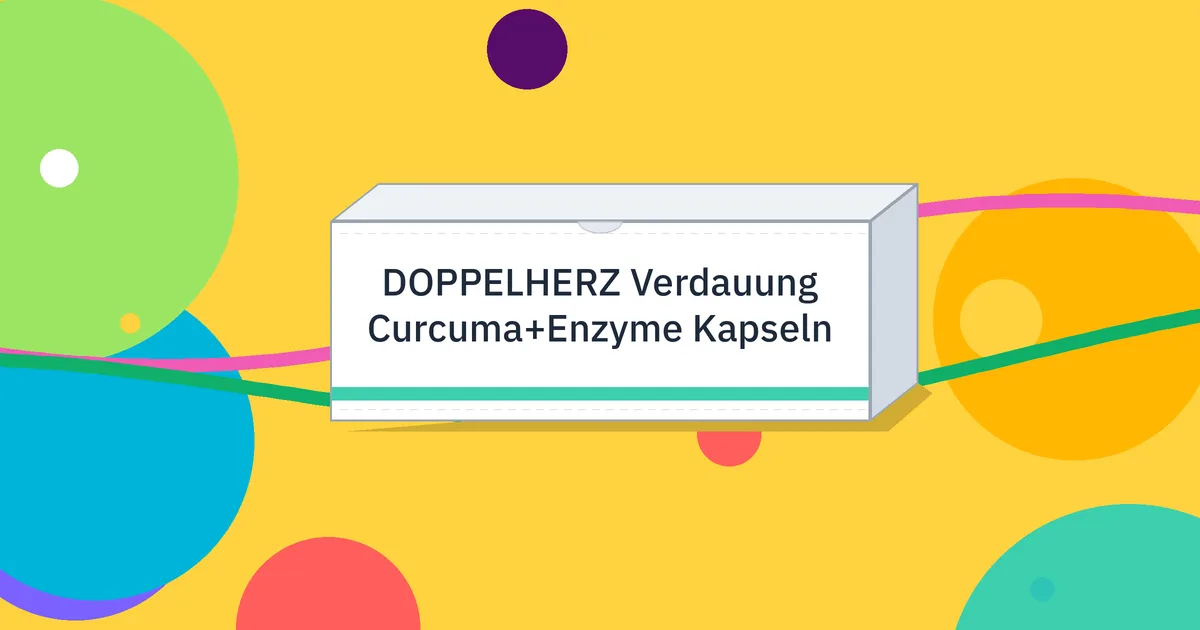 Symbolbild: Packung mit der Aufschrift DOPPELHERZ Verdauung Curcuma+Enzyme Kapseln (PZN 18649528) – Verfügbarkeit und Bezug in Apotheken in Frankfurt am Main