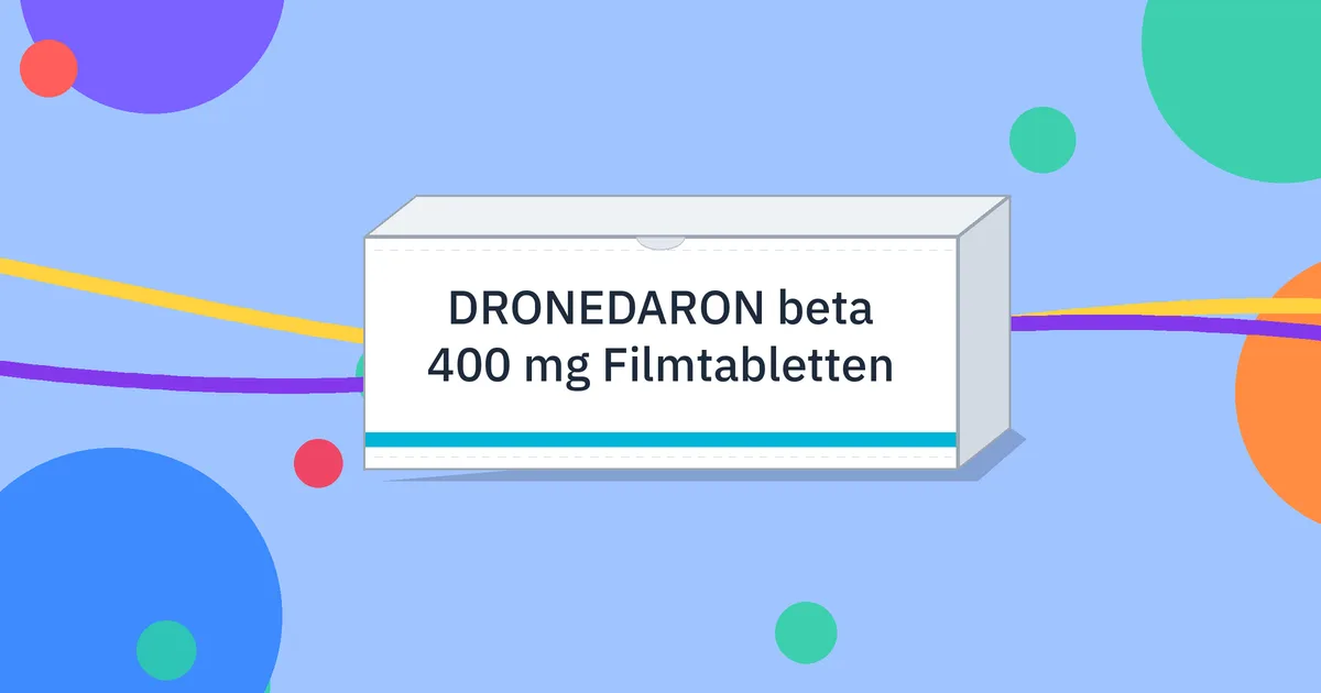 Symbolbild: Packung mit der Aufschrift DRONEDARON beta 400 mg Filmtabletten (PZN 15303640) – Verfügbarkeit und Bezug in Apotheken in Frankfurt am Main