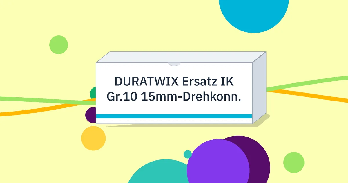 Symbolbild: Packung mit der Aufschrift DURATWIX Ersatz IK Gr.10 15mm-Drehkonn. (PZN 06976943) – Verfügbarkeit und Bezug in Apotheken in Frankfurt am Main