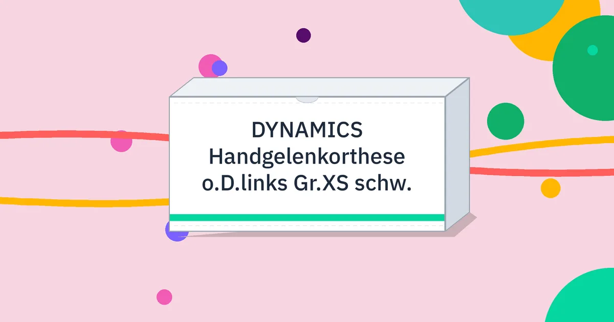 Symbolbild: Packung mit der Aufschrift DYNAMICS Handgelenkorthese o.D.links Gr.XS schw. (PZN 10633338) – Verfügbarkeit und Bezug in Apotheken in Frankfurt am Main