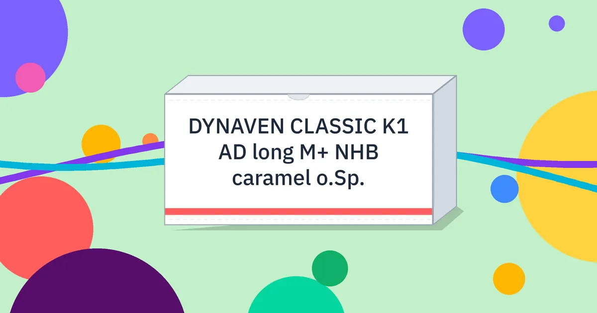 Symbolbild: Packung mit der Aufschrift DYNAVEN CLASSIC K1 AD long M+ NHB caramel o.Sp. (PZN 18414682) – Verfügbarkeit und Bezug in Apotheken in Frankfurt am Main