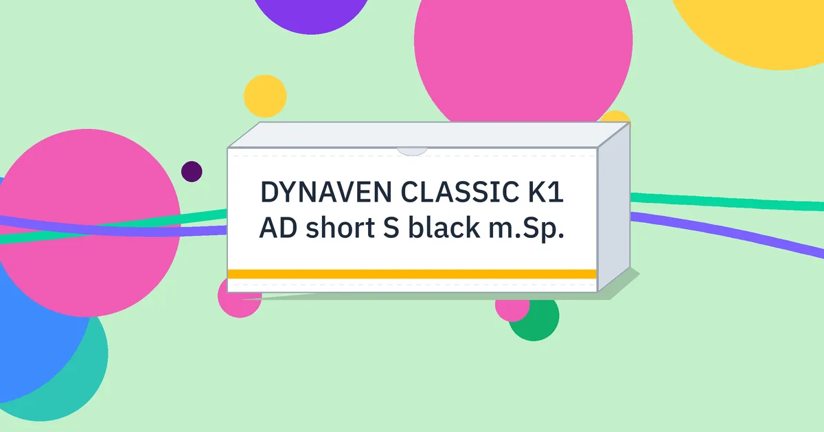 Symbolbild: Packung mit der Aufschrift DYNAVEN CLASSIC K1 AD short S black m.Sp. (PZN 18414736) – Verfügbarkeit und Bezug in Apotheken in Frankfurt am Main