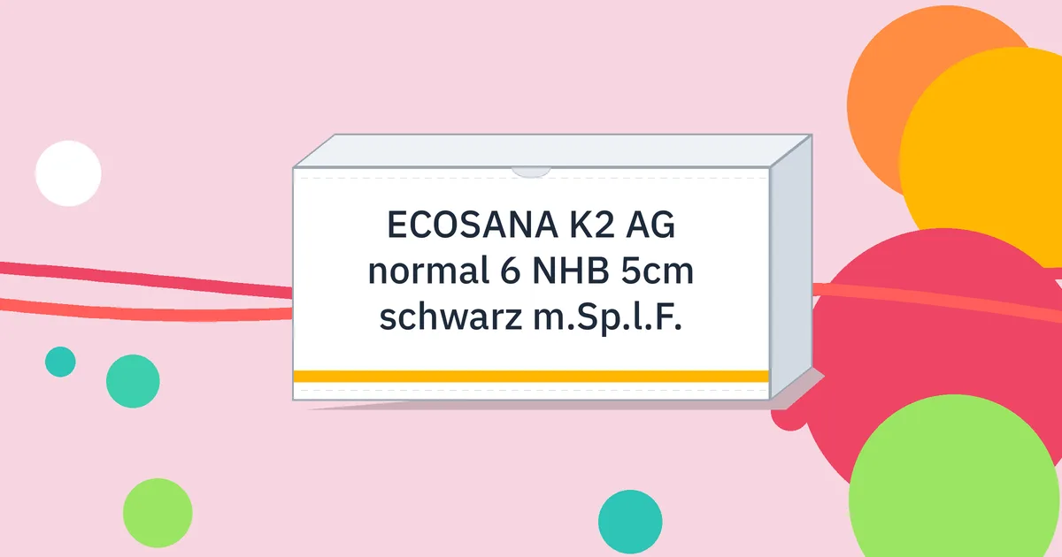 Symbolbild: Packung mit der Aufschrift ECOSANA K2 AG normal 6 NHB 5cm schwarz m.Sp.l.F. (PZN 10956780) – Verfügbarkeit und Bezug in Apotheken in Frankfurt am Main