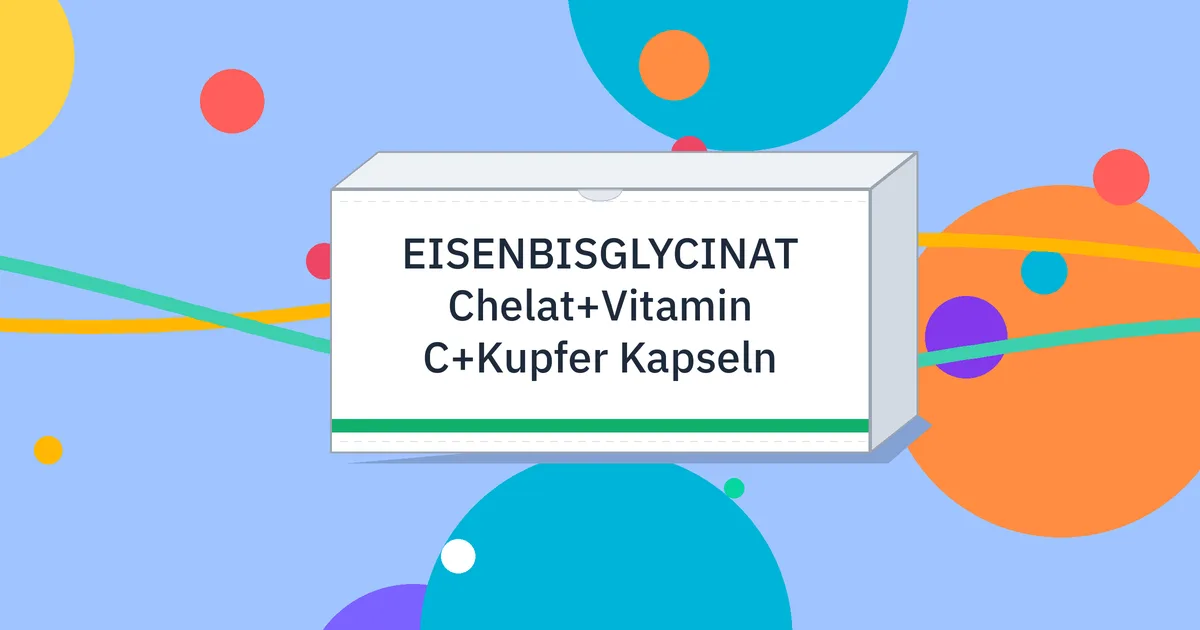 Symbolbild: Packung mit der Aufschrift EISENBISGLYCINAT Chelat+Vitamin C+Kupfer Kapseln (PZN 18388401) – Verfügbarkeit und Bezug in Apotheken in Frankfurt am Main