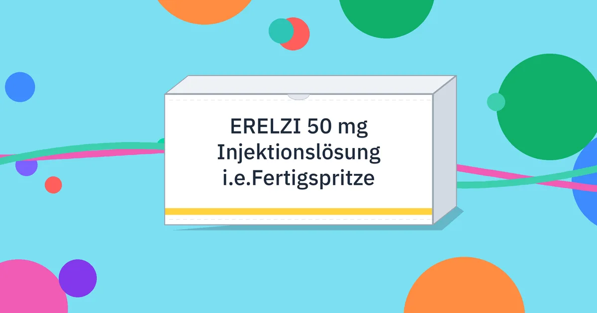 Symbolbild: Packung mit der Aufschrift ERELZI 50 mg Injektionslösung i.e.Fertigspritze (PZN 14131958) – Verfügbarkeit und Bezug in Apotheken in Frankfurt am Main