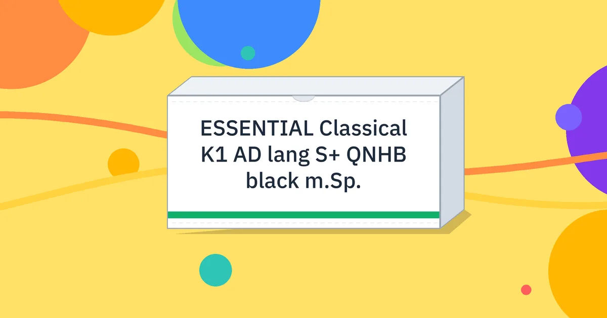 Symbolbild: Packung mit der Aufschrift ESSENTIAL Classical K1 AD lang S+ QNHB black m.Sp. (PZN 18866757) – Verfügbarkeit und Bezug in Apotheken in Frankfurt am Main