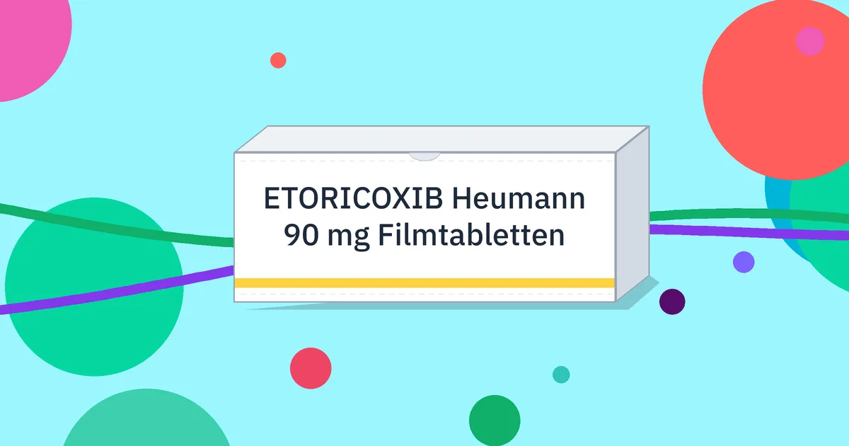 Symbolbild: Packung mit der Aufschrift ETORICOXIB Heumann 90 mg Filmtabletten (PZN 12545130) – Verfügbarkeit und Bezug in Apotheken in Frankfurt am Main