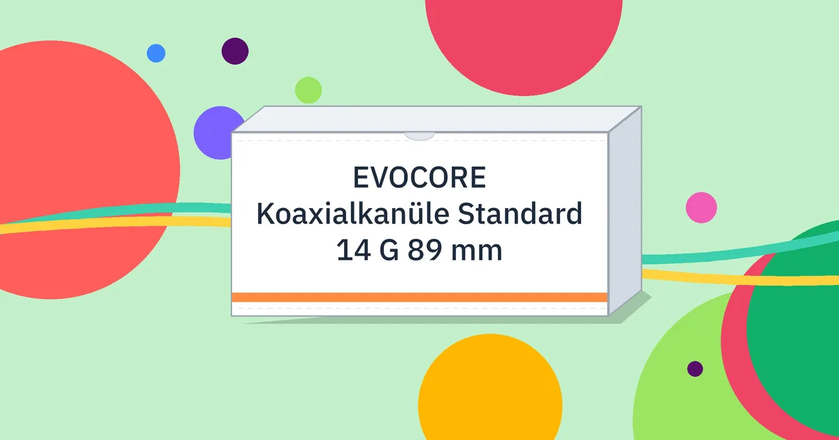 Symbolbild: Packung mit der Aufschrift EVOCORE Koaxialkanüle Standard 14 G 89 mm (PZN 11655632) – Verfügbarkeit und Bezug in Apotheken in Frankfurt am Main
