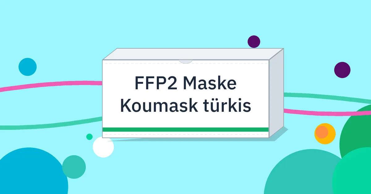 Symbolbild: Packung mit der Aufschrift FFP2 Maske Koumask türkis (PZN 18435862) – Verfügbarkeit und Bezug in Apotheken in Frankfurt am Main