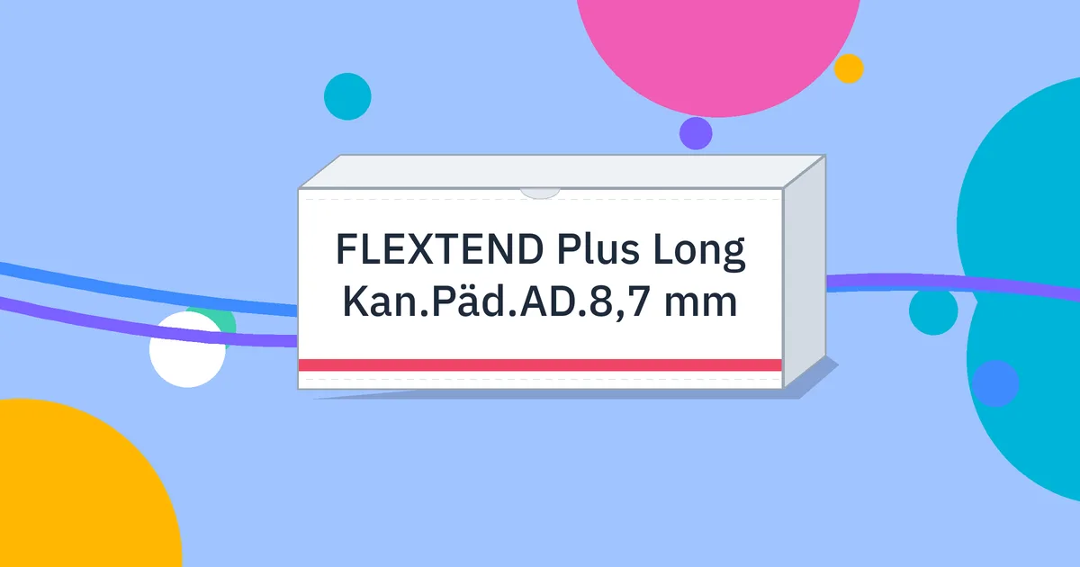 Symbolbild: Packung mit der Aufschrift FLEXTEND Plus Long Kan.Päd.AD.8,7 mm (PZN 09217178) – Verfügbarkeit und Bezug in Apotheken in Frankfurt am Main