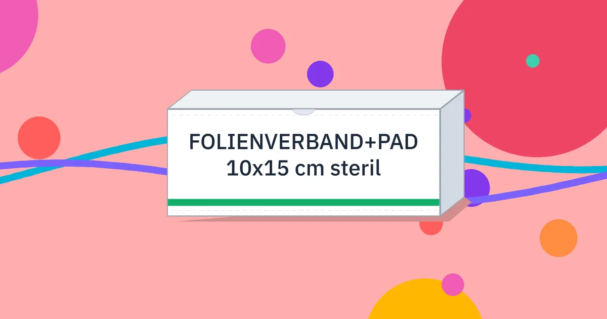 Symbolbild: Packung mit der Aufschrift FOLIENVERBAND+PAD 10x15 cm steril (PZN 17558775) – Verfügbarkeit und Bezug in Apotheken in Frankfurt am Main