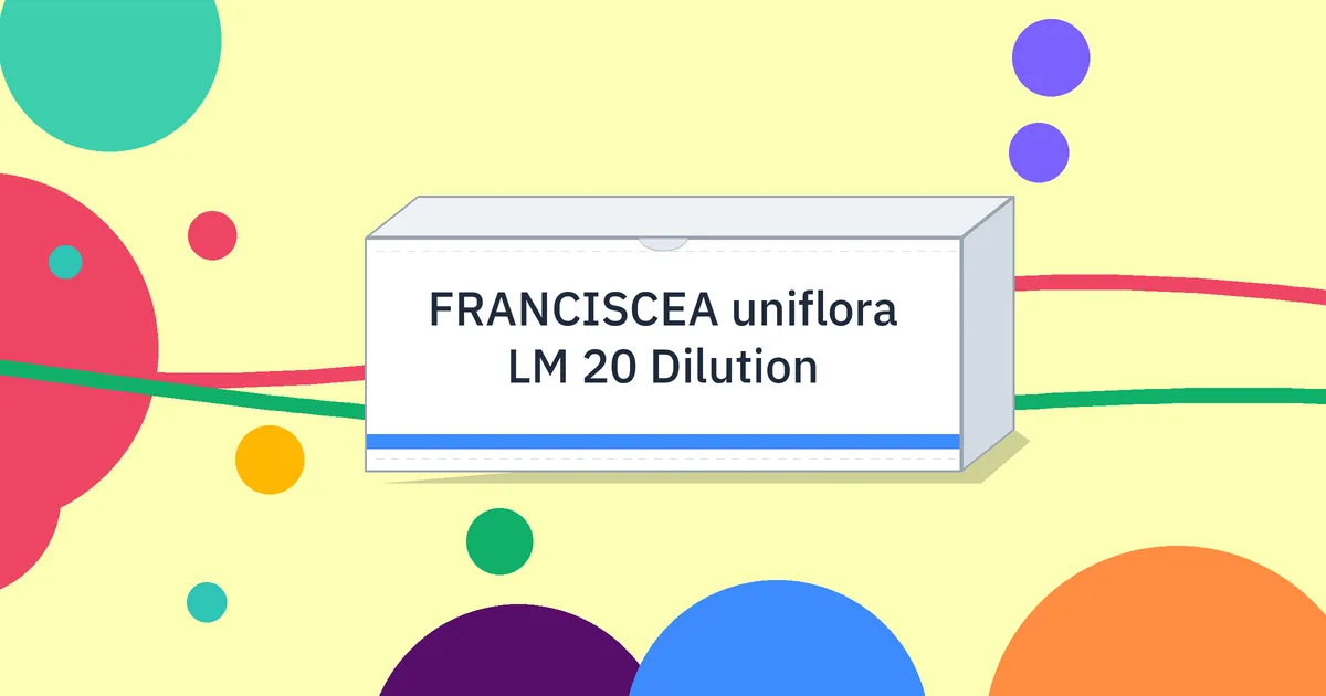 Symbolbild: Packung mit der Aufschrift FRANCISCEA uniflora LM 20 Dilution (PZN 13491212) – Verfügbarkeit und Bezug in Apotheken in Frankfurt am Main