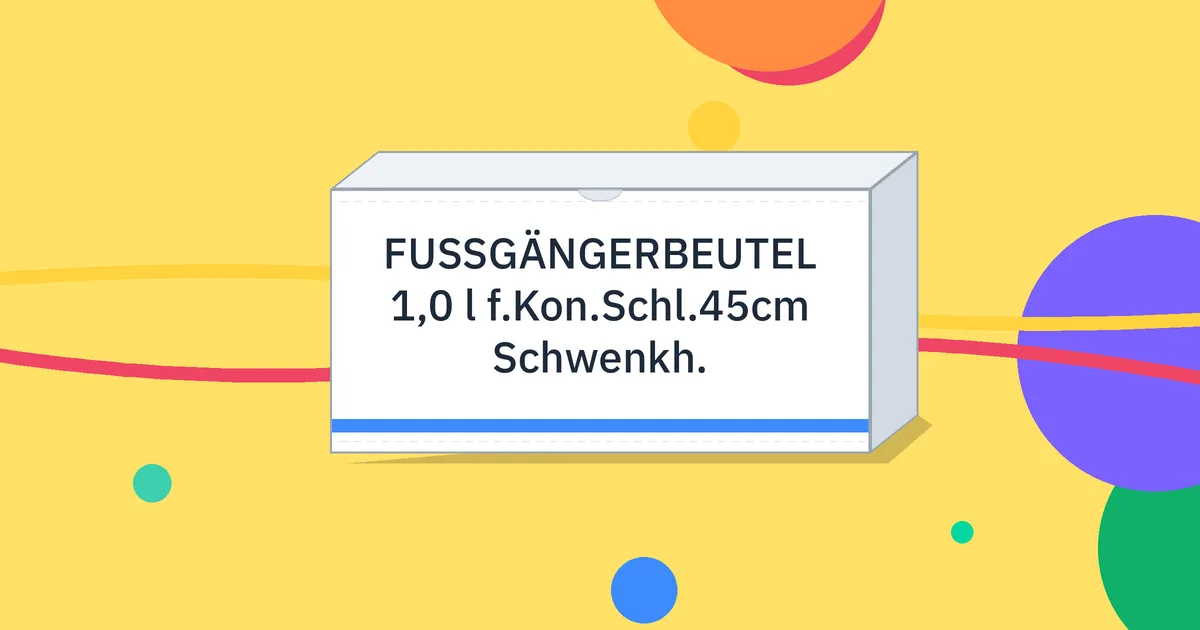 Symbolbild: Packung mit der Aufschrift FUSSGÄNGERBEUTEL 1,0 l f.Kon.Schl.45cm Schwenkh. (PZN 06096797) – Verfügbarkeit und Bezug in Apotheken in Frankfurt am Main