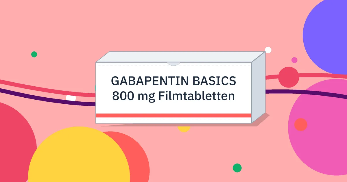 Symbolbild: Packung mit der Aufschrift GABAPENTIN BASICS 800 mg Filmtabletten (PZN 01072390) – Verfügbarkeit und Bezug in Apotheken in Frankfurt am Main