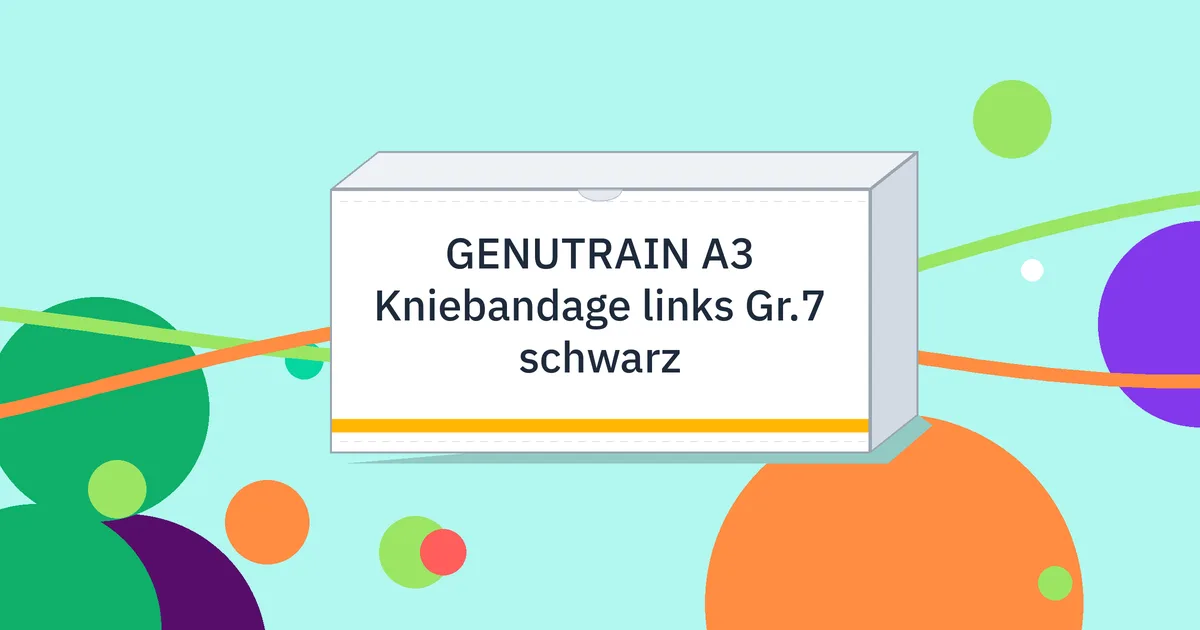 Symbolbild: Packung mit der Aufschrift GENUTRAIN A3 Kniebandage links Gr.7 schwarz (PZN 19100158) – Verfügbarkeit und Bezug in Apotheken in Frankfurt am Main